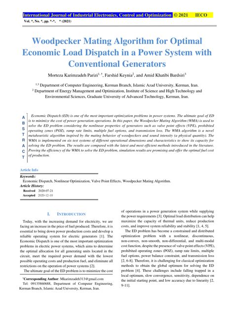 pdf woodpecker mating algorithm for optimal economic load dispatch in a power system with