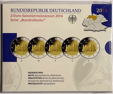 5 X 2 Euro Gedenkmünzen Set Deutschland 2014 A J PP Niedersachsen EUR