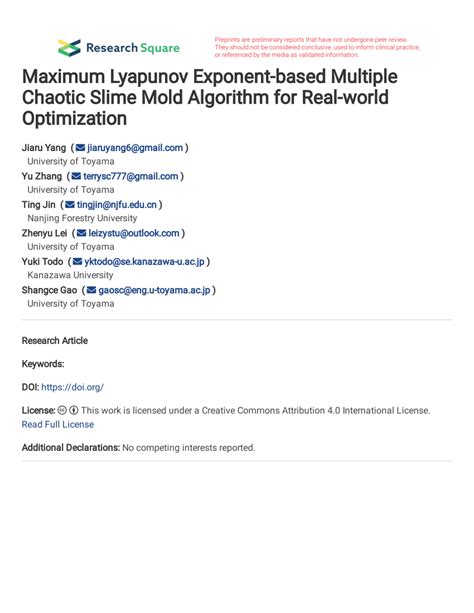pdf maximum lyapunov exponent based multiple chaotic slime mold algorithm for real world