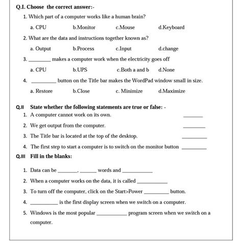 Beginner Computer Worksheets For Grade
