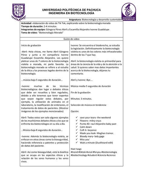 Guion DE Video Biotecnologia Morada UNIVERSIDAD POLITÈCNICA DE
