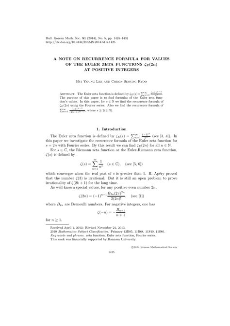 pdf a note on recurrence formula for values of the euler zeta functions ςe 2n at positive
