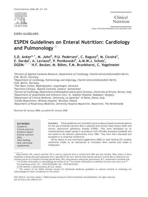 PDF ESPEN Guidelines On Enteral Nutrition Cardiology And Pulmonology
