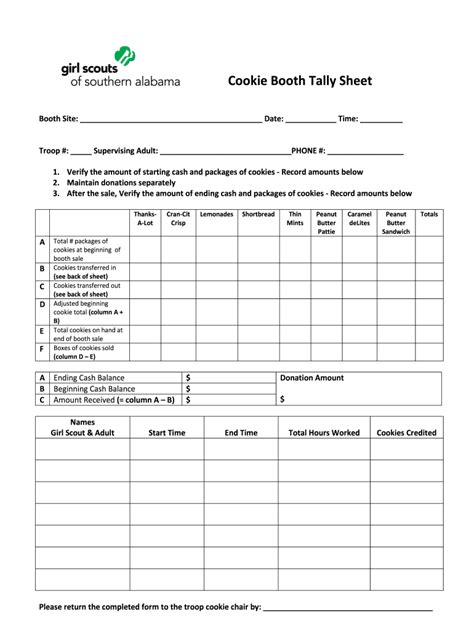 Girl Scout Cookie Booth Tally Sheet Printables Fill Online Printable