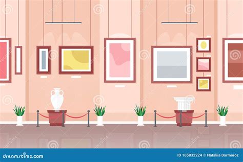 Vector Illustration Of Museum Or Art Gallery Exhibition Interior In
