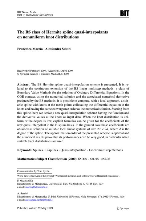pdf the bs class of hermite spline quasi interpolants on nonuniform knot distributions