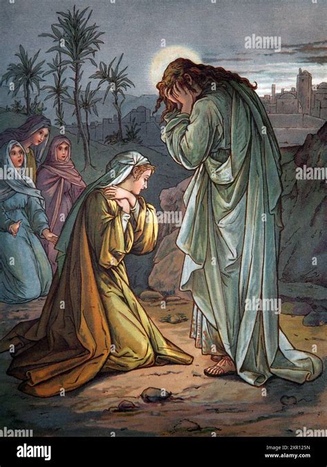 Illustration Of Mary Sister Of Lazarus On Her Knees In Front Of Jesus