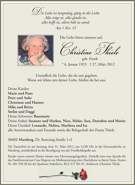 Traueranzeigen Von Christine Thiele Trauer In NRW De