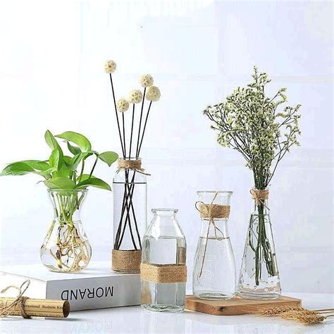 Jual Vas Bunga Kaca Bening Tali Rami Aesthetic Bunga Kering