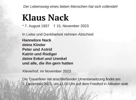 Traueranzeigen Von Klaus Nack Trauer Nordkurier