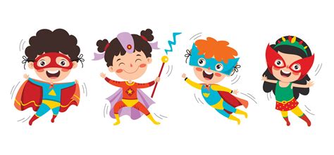 pequeños superhéroes divertidos dibujos animados posando 2396049 Vector