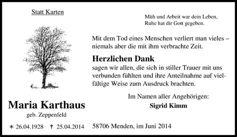 Traueranzeigen Von Maria Karthaus Trauer In NRW De