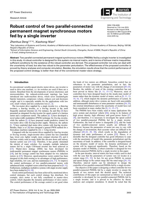 pdf robust control of two parallel connected permanent magnet synchronous motors fed by a