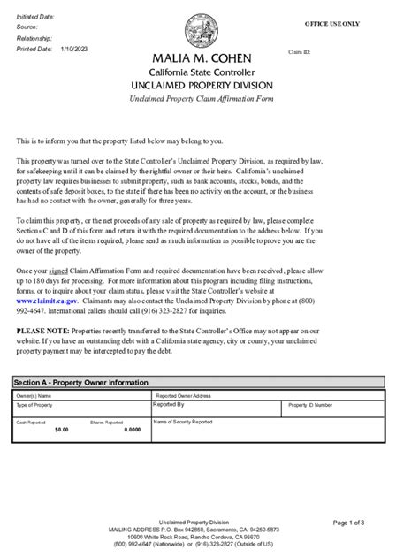 Fillable Online Unclaimed Property Claim Affirmation Form Fax Email