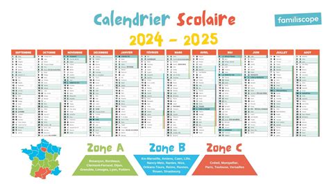 Calendrier scolaire 2024 2025 à imprimer avec zones A B C