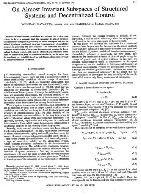 pdf on almost invariant subspaces of structural systems and decentralized control