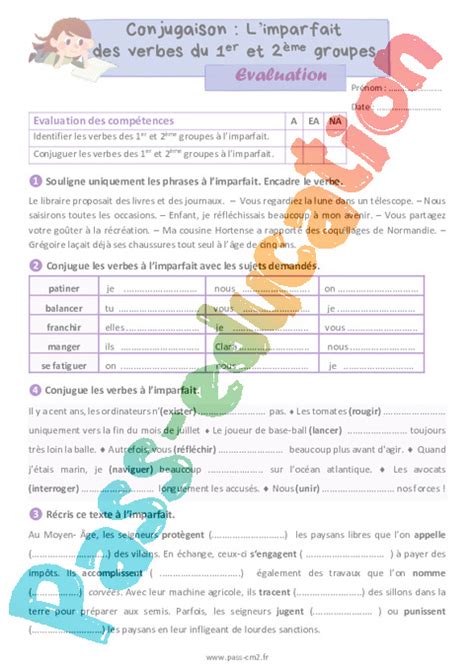 Limparfait des verbes du 1er et 2ème groupes Évaluation de