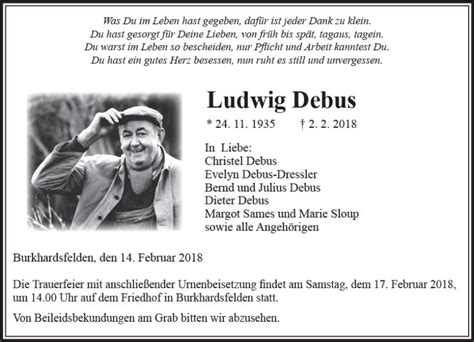 Traueranzeigen Von Ludwig Debus Vrm Trauer De
