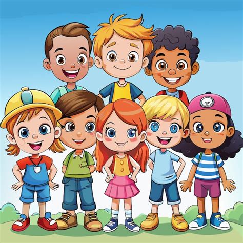 Grupo de diversos niños de dibujos animados sonriendo con expresiones