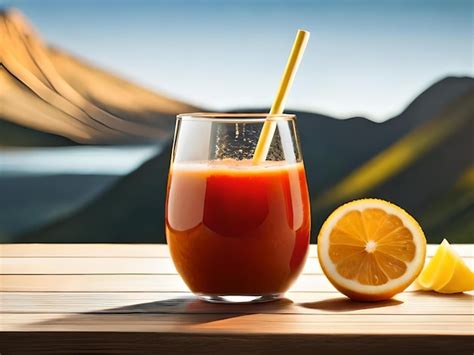Um Copo De Suco Um Canudo Ao Lado E Meio Lim O Sobre A Mesa Foto