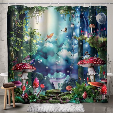 Enchanting Forest Fantasy Shower Curtain Set Magical Mushroom Grove