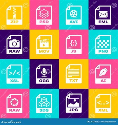 Set XML File Document AI PNG AVI MOV And RAW Icon Vector Stock
