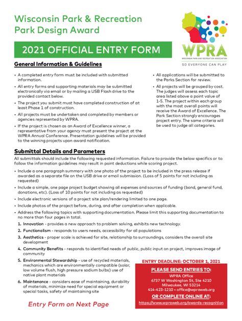 Fillable Online Park Design Awards Entry Form Wpraweb Org Fax Email