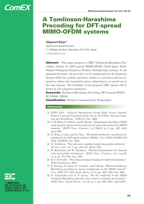 pdf a tomlinson harashima precoding for dft spread mimo ofdm systems
