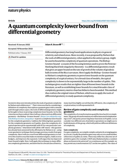 a quantum complexity lower bound from differential geometry