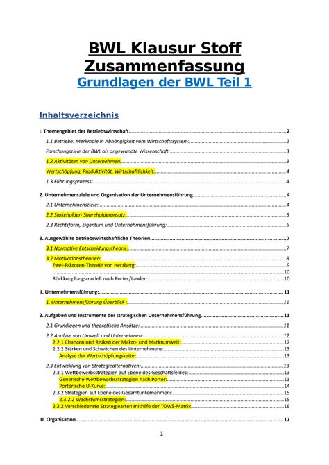 BWL Klausur Stoff Zusammenfassung BWL Klausur Stof 1 Betriebe