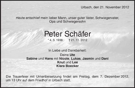 Traueranzeigen von Peter Schäfer ZVW Trauer