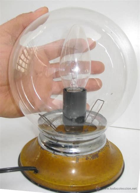 LAMPARA DE MESA ANTIGUA BOLA CRISTAL TRANSPARENTE SOBRE BASE METALICA