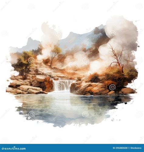 Watercolor Stream And Waterfall A Digital Painting With Realistic
