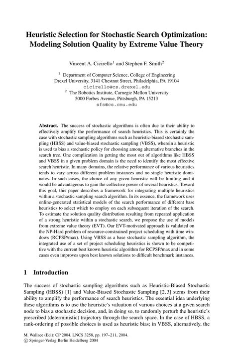 pdf heuristic selection for stochastic search optimization modeling solution quality by