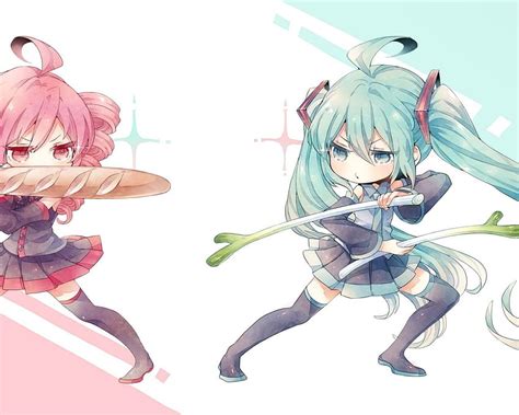 1280x1024 Hatsune Miku Kasane Teto Combat De Nourriture Chibis