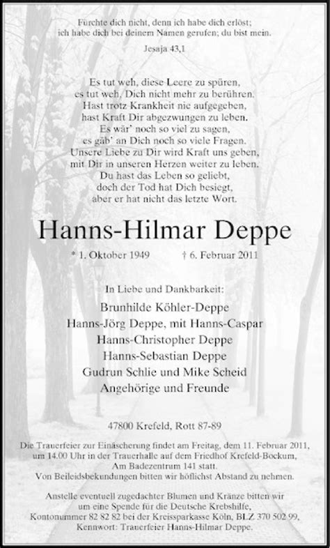 Alle Traueranzeigen für Hanns Hilmar Deppe trauer rp online de
