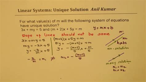 find value of m when the linear system will have unique solution mpm2d youtube