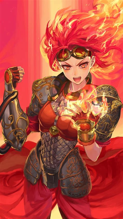 Dress Armor Anime Girls Redhead Brown Eyes Fire Magic The