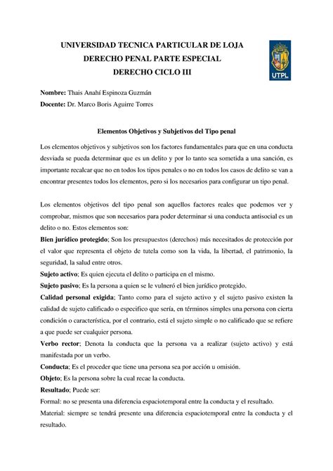 Elementos Objetivo Y Subjetivo Del Tipo Penal UNIVERSIDAD TECNICA