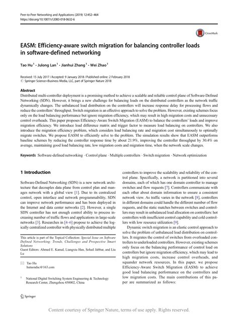 easm efficiency aware switch migration for balancing controller loads in software defined
