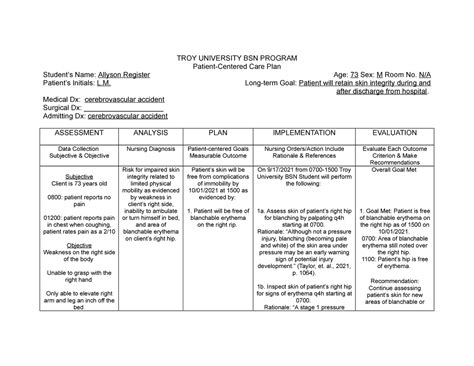 Risk For Impaired Skin Integrity Care Plan TROY UNIVERSITY BSN