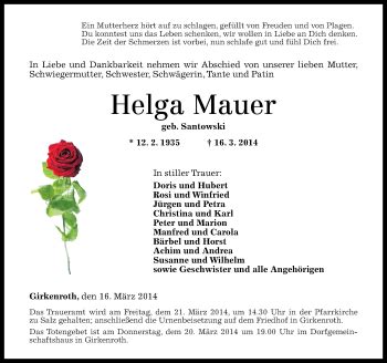 Traueranzeigen Von Helga Mauer Rz Trauer De
