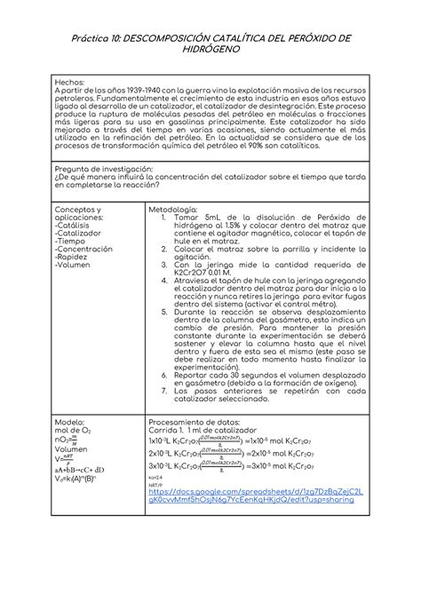 Reporte Catálisis Prctica 10 DESCOMPOSICIN CATALÕTICA DEL PERXIDO