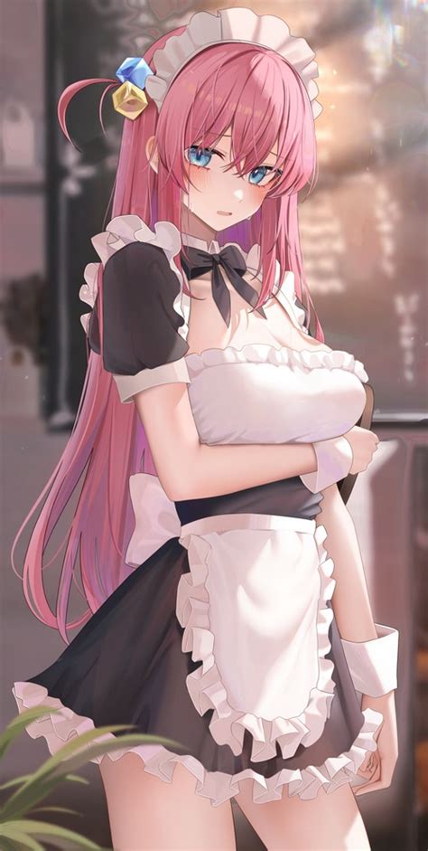 Leaves Blue Eyes Gotou Hitori Maid Outfit Blushing Pink Hair Bocchi The Rock Maid Hd