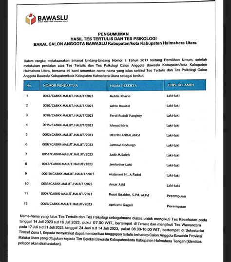 Timsel Zona I Dan II Umumkan 12 Nama Calon Anggota Bawaslu Kabupaten