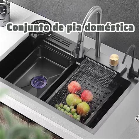 Cuba Pia Inox Preta Quadrada Cozinha Gourmet 70cm Acessórios