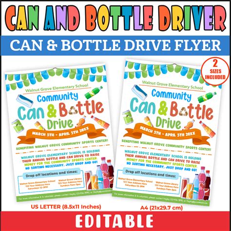 Editable Can And Bottle Drive Flyer Recycling Fundraiser Event