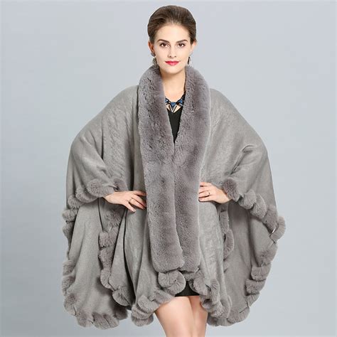 SWONCO Large Size Imitation Fox Fur Collar Shawl Cloak Jacket Female