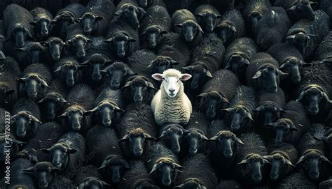 One White Sheep In A Flock Of Black Sheep In A Pasture Generated AI