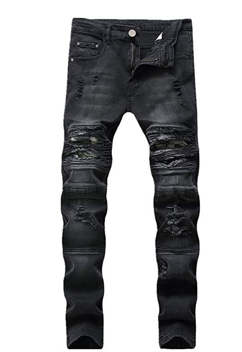 Affiliate GUNLIRE Men S Black Biker Moto Ripped Distressed Destroyed